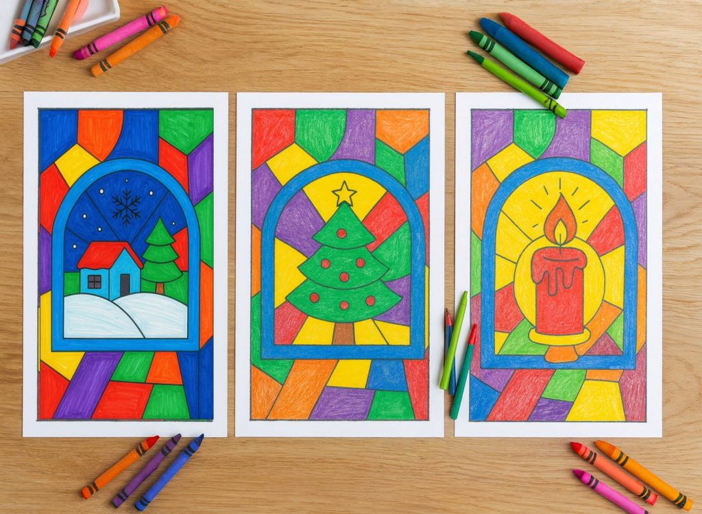 Vibrant Stained Glass Xmas Coloring Pages for Kids - KidsTut