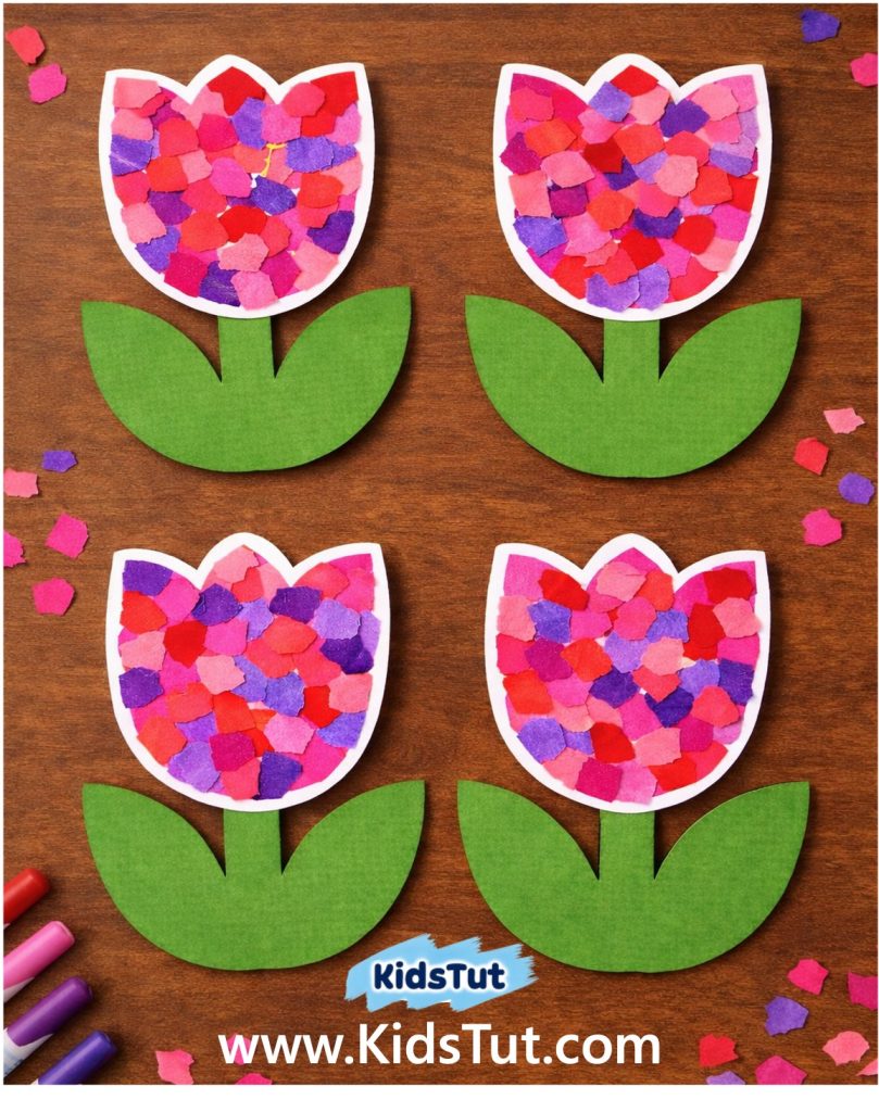 Easy colorful Torn Paper Tulip Craft for Kids - KidsTut